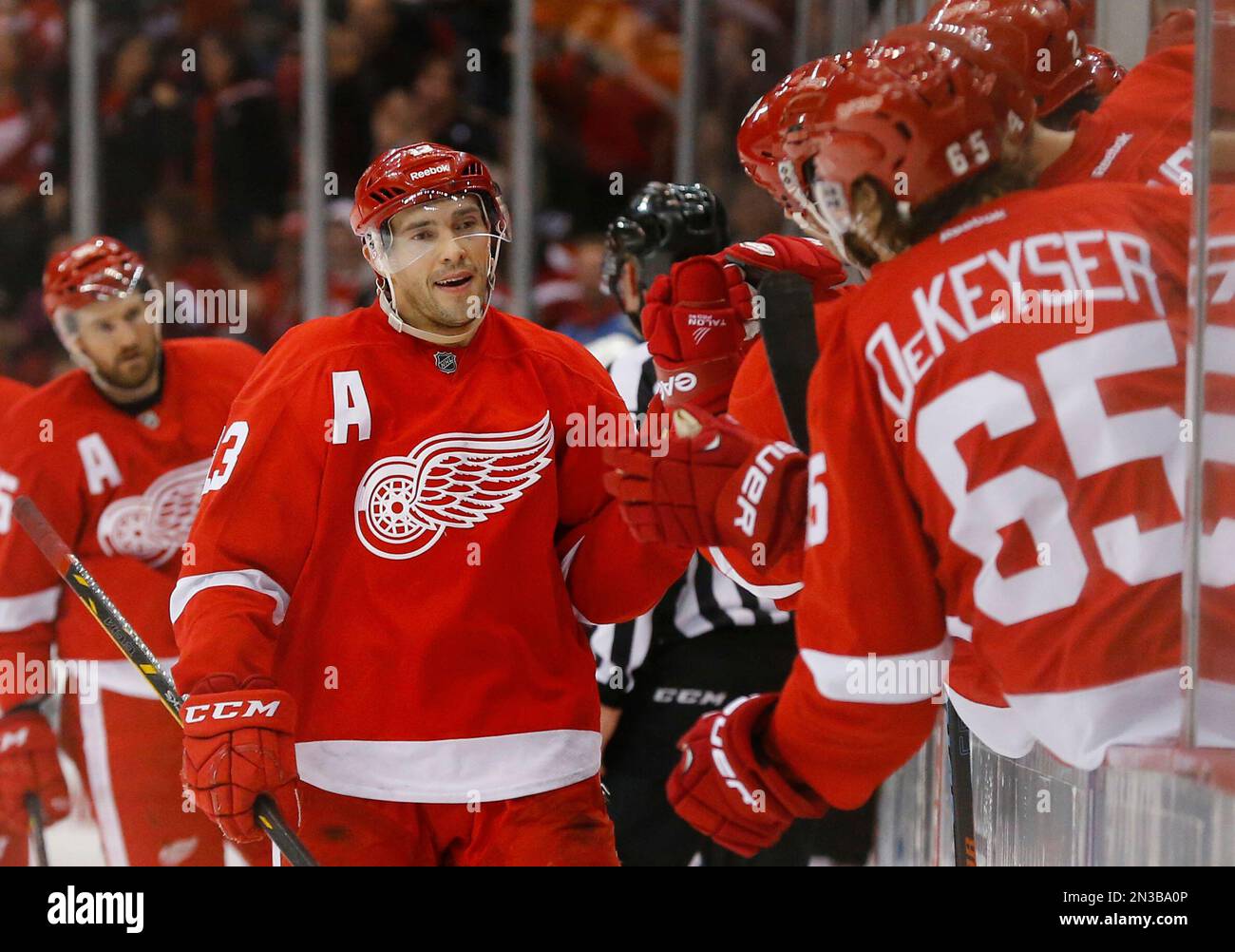 Detroit Red Wings center Pavel Datsyuk, left, celebrates his goal ...