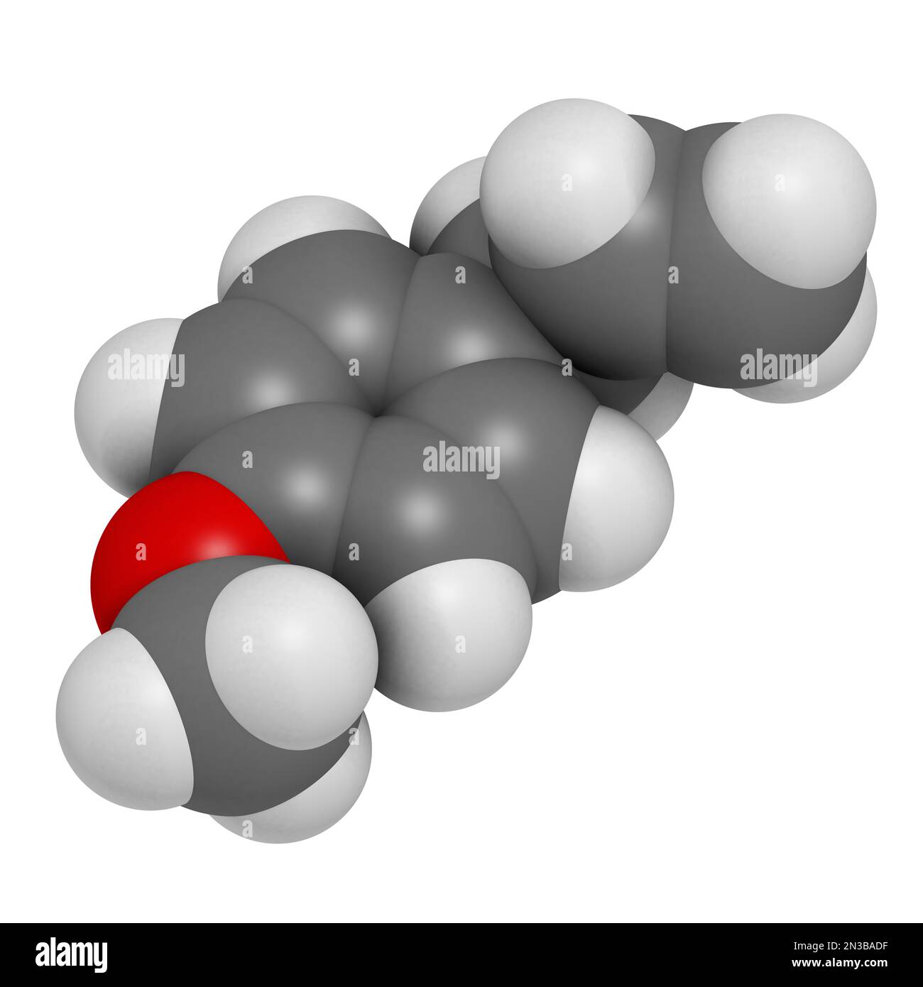 Estragole herbal molecule. 3D rendering. Atoms are represented as ...