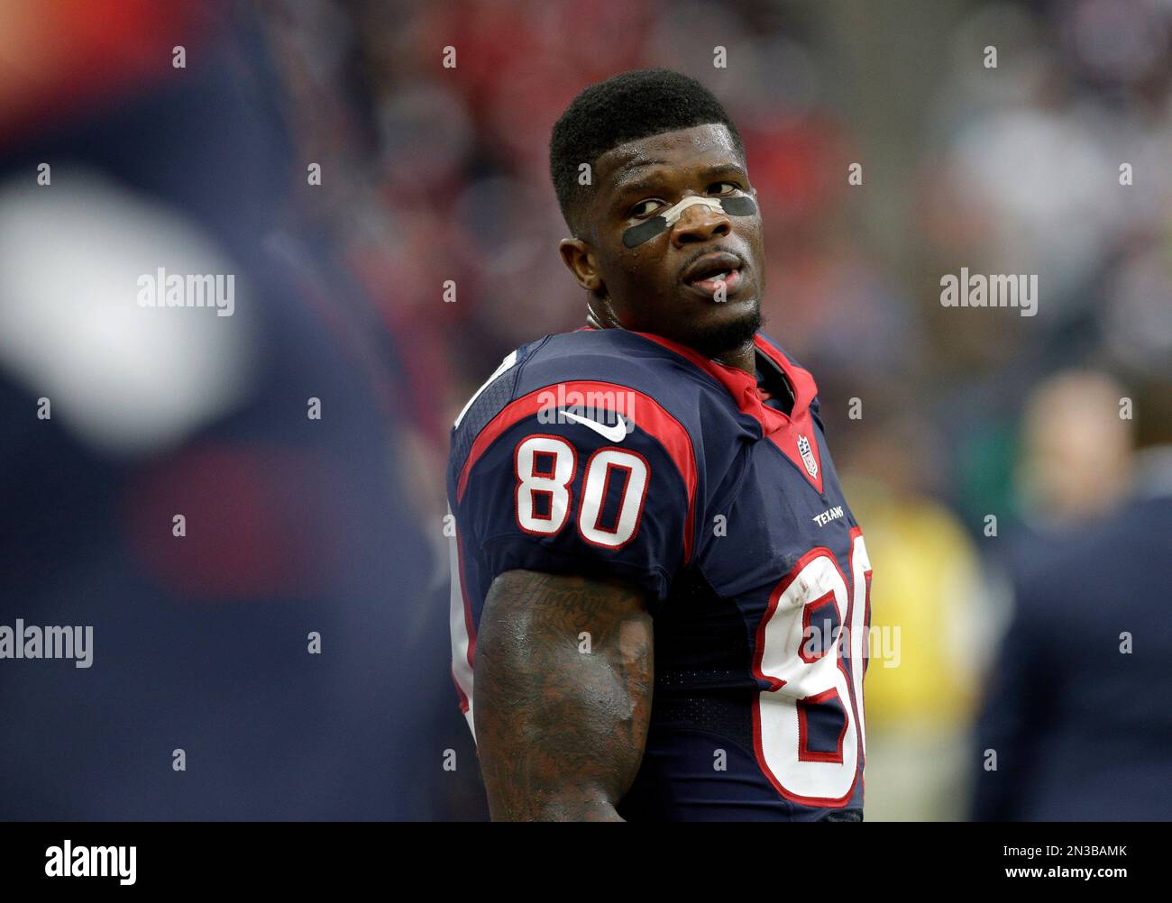 Houston Texans wide receiver Andre Johnson (80) stands on the sidelines ...