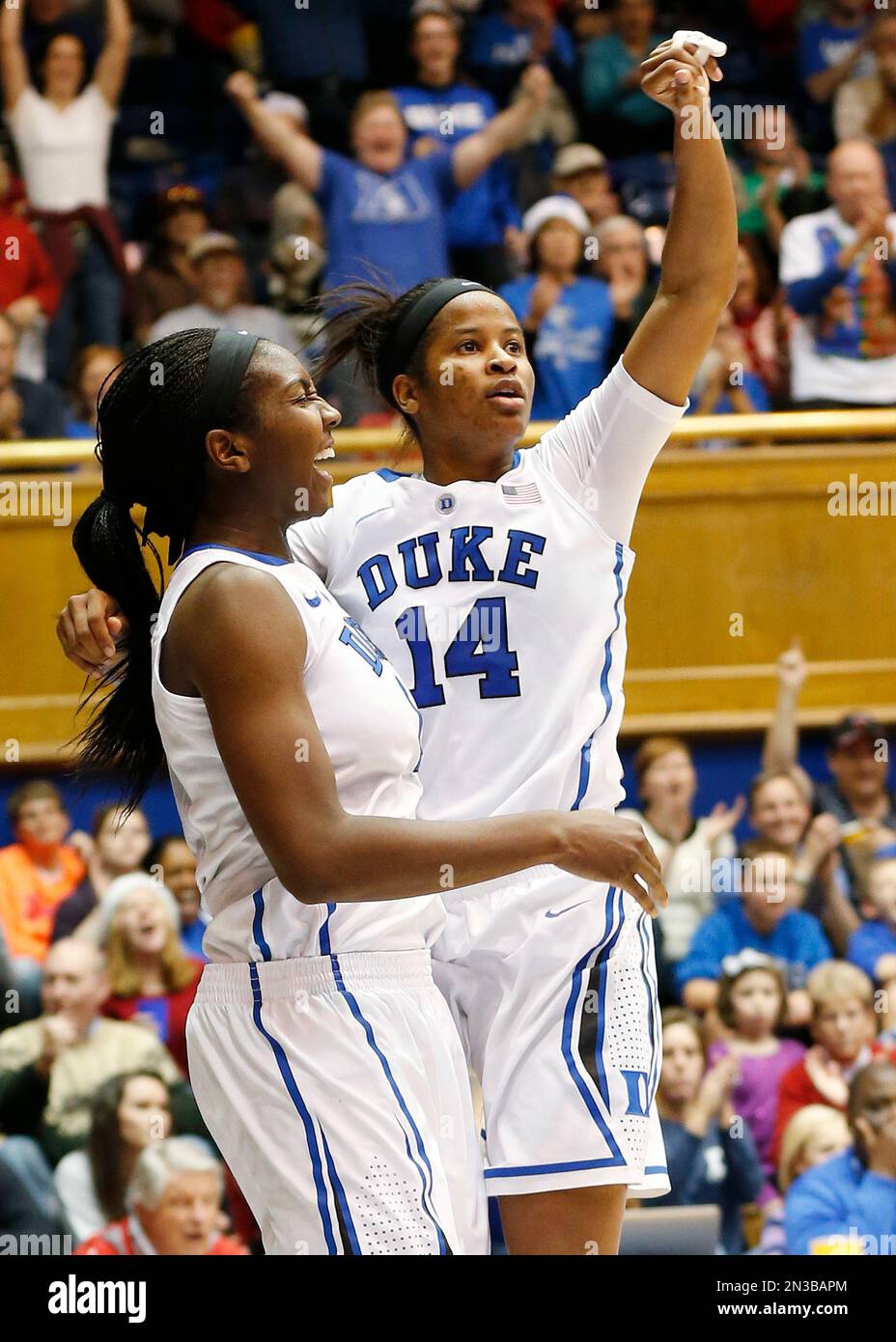 Duke's Elizabeth Williams and Ka'lia Johnson (14) react during the ...
