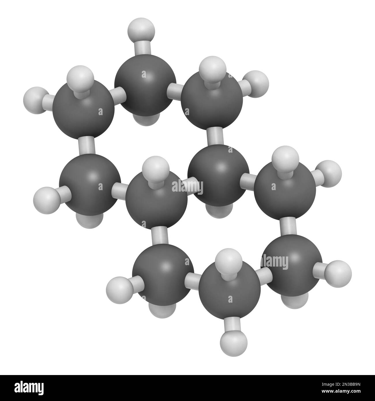 Decalin solvent molecule. 3D rendering. Atoms are represented as ...