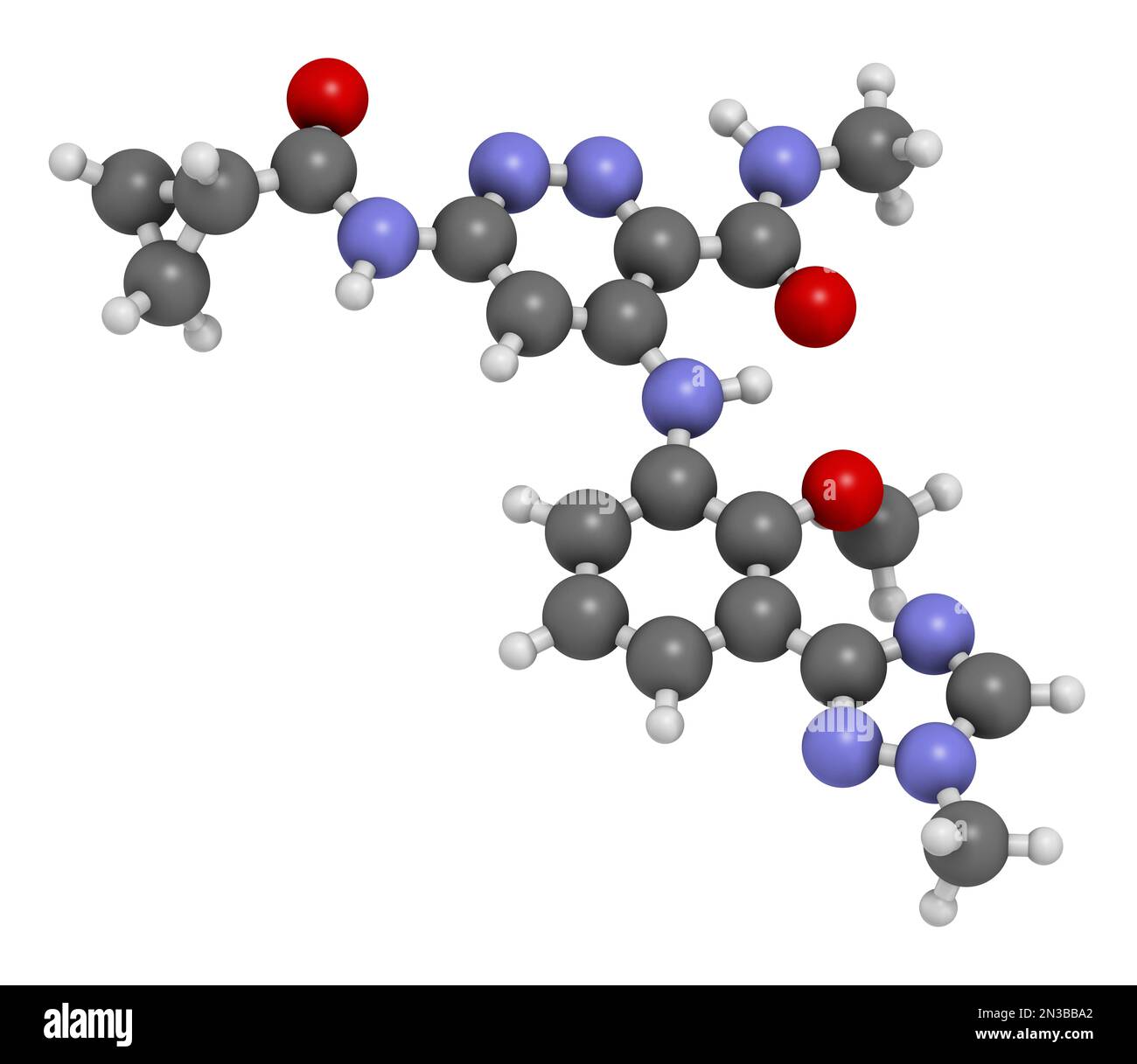 Deucravacitinib drug molecule. 3D rendering. Atoms are represented as ...