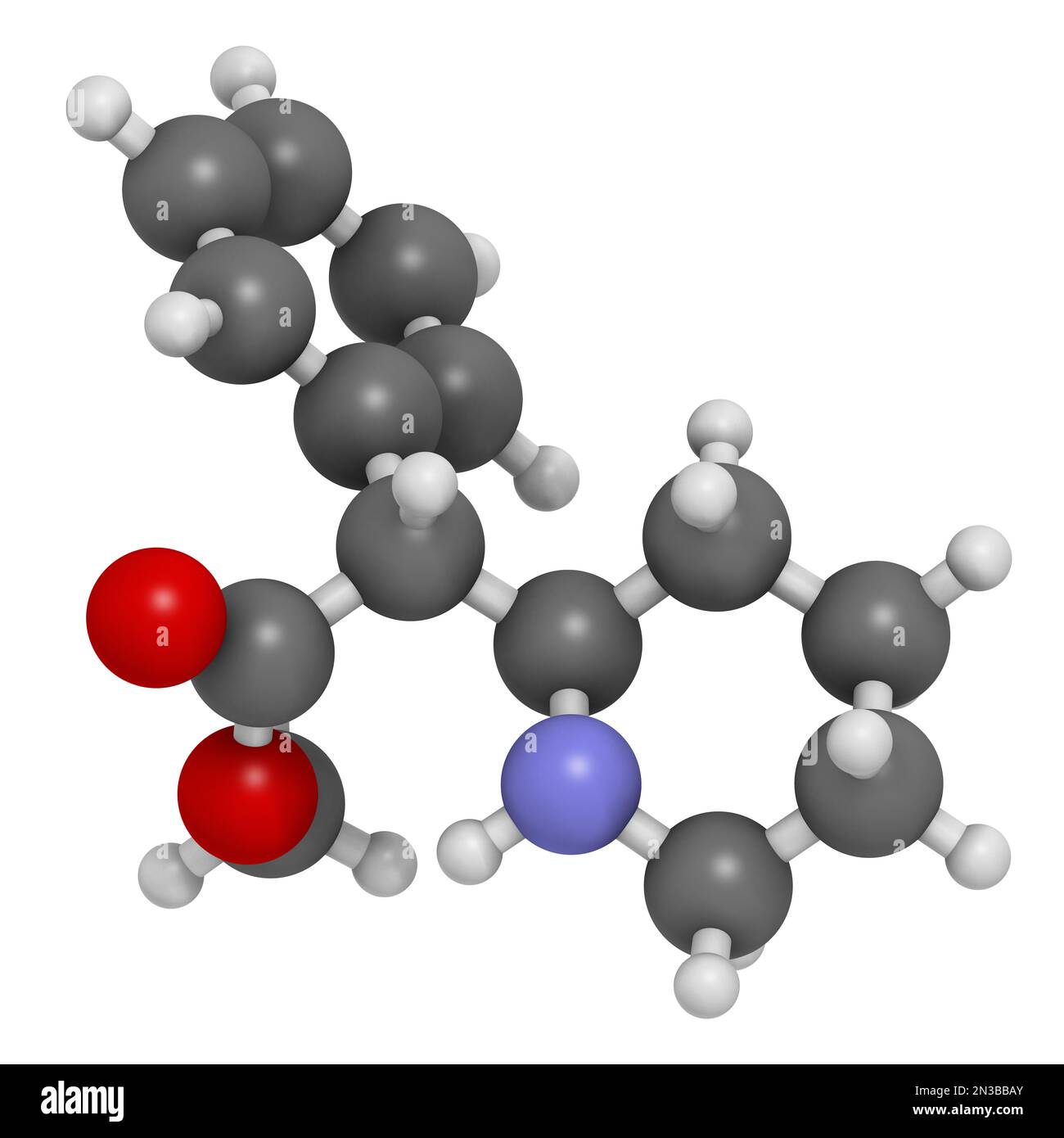 Dexmethylphenidate drug molecule. 3D rendering. Atoms are represented ...