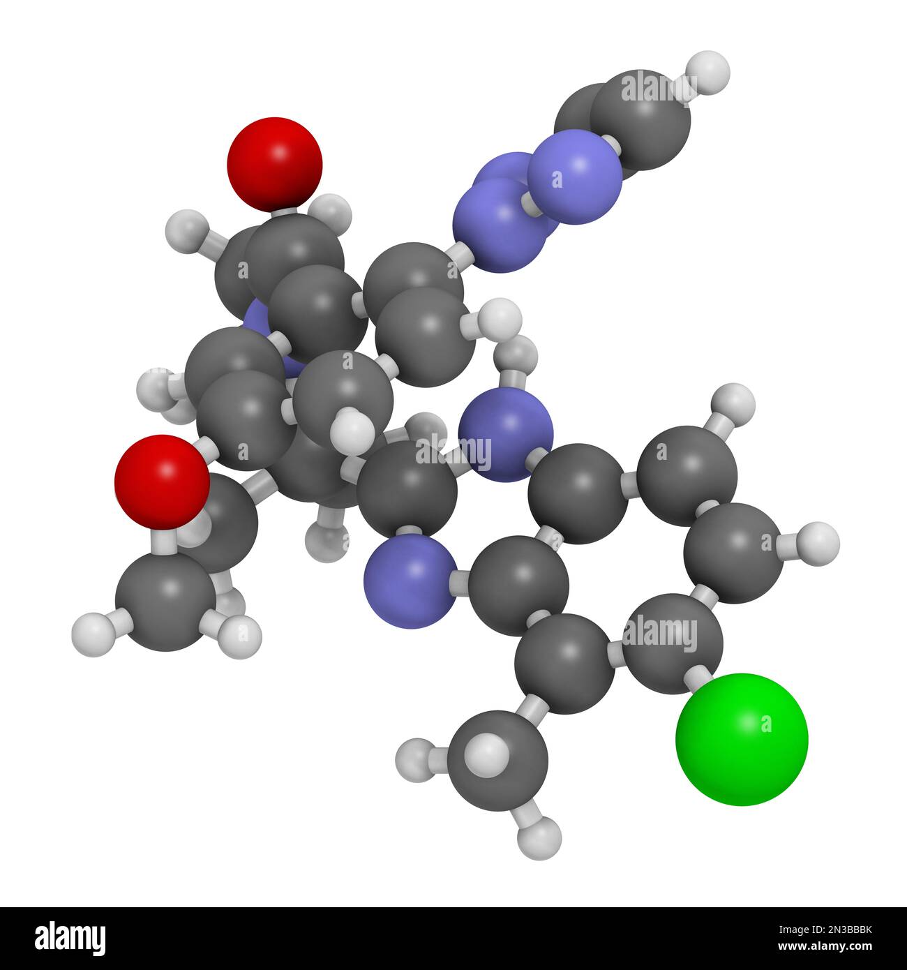 Daridorexant insomnia drug molecule. 3D rendering. Atoms are ...