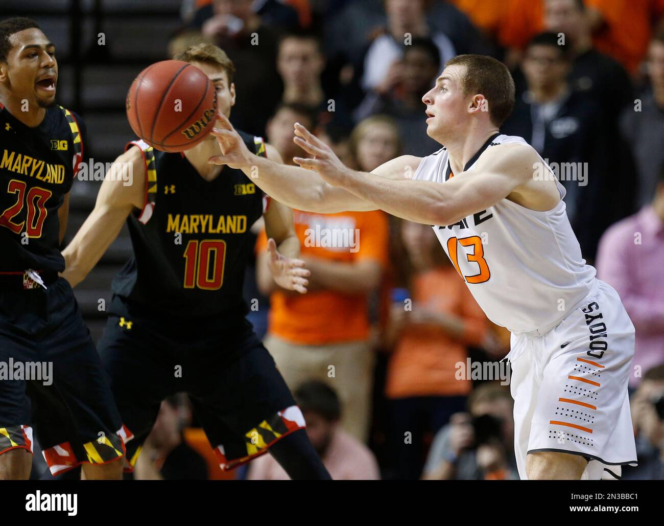 Oklahoma State guard Phil Forte passes during an NCAA college ...
