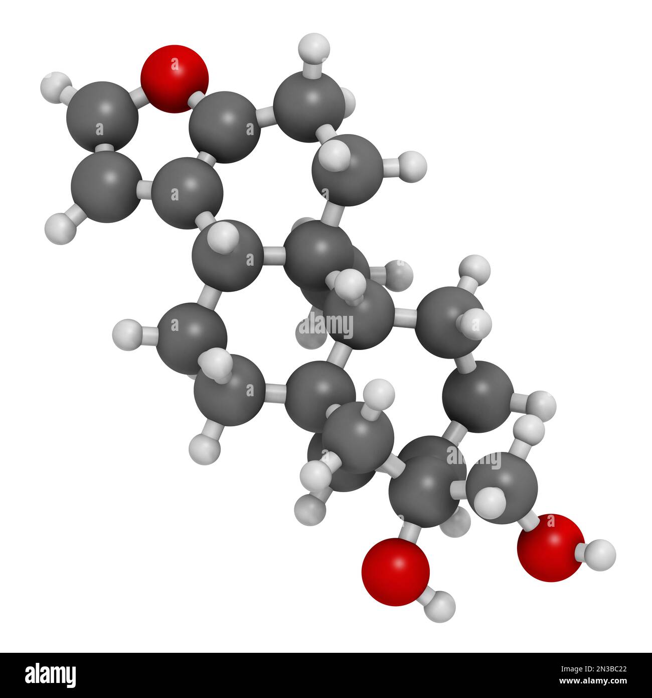 Cafestol coffee molecule. 3D rendering. Atoms are represented as ...