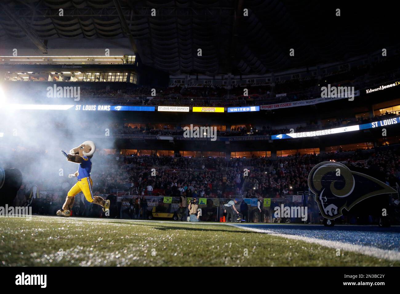 St. Louis Rams mascot Rampage runs on the field before the start of an ...