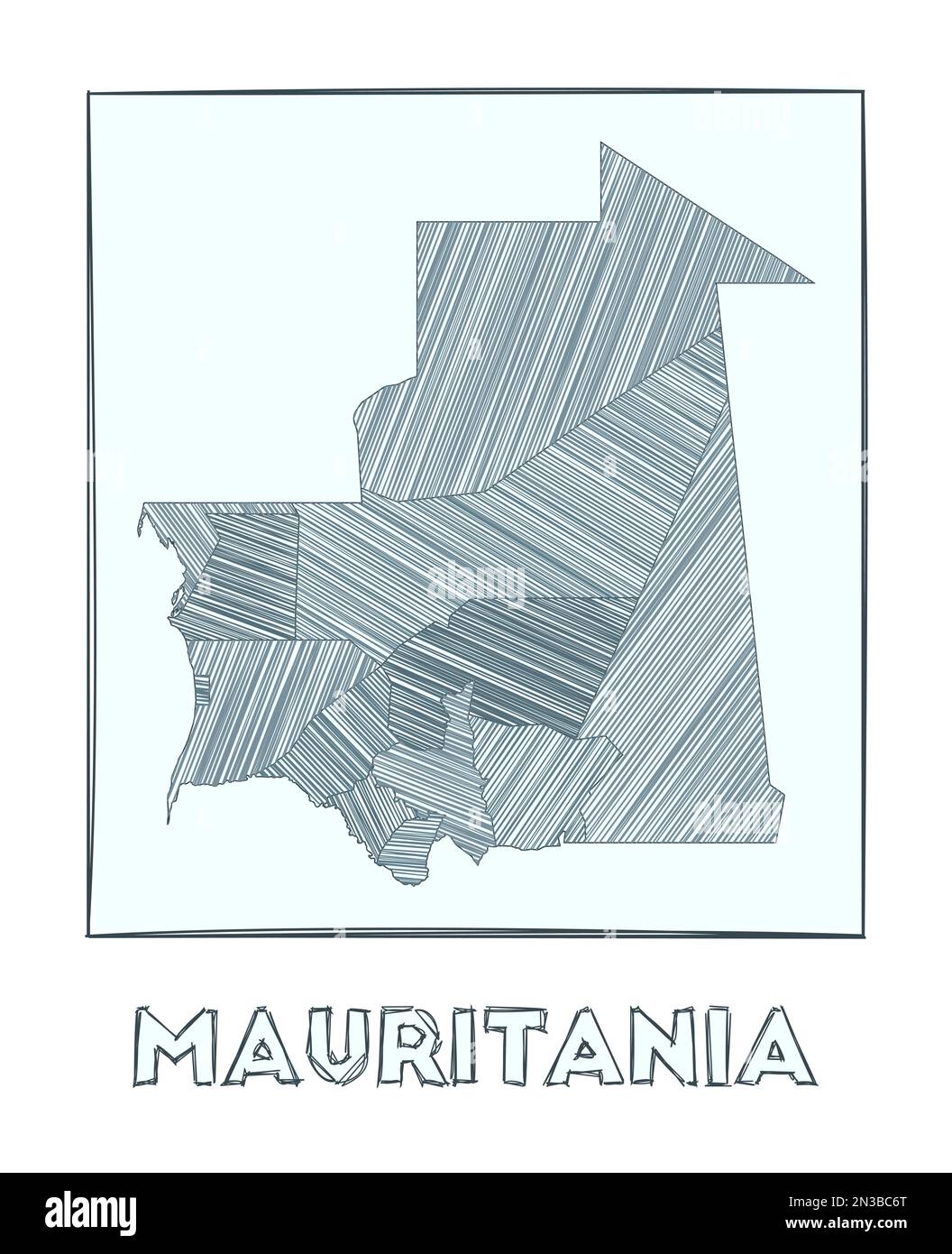 Sketch map of Mauritania. Grayscale hand drawn map of the country. Filled regions with hachure ...