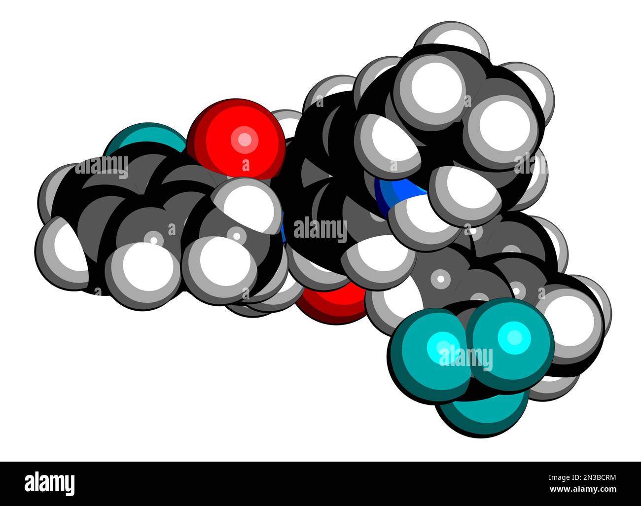 Avacopan drug molecule. 3D rendering. Atoms are represented as spheres ...