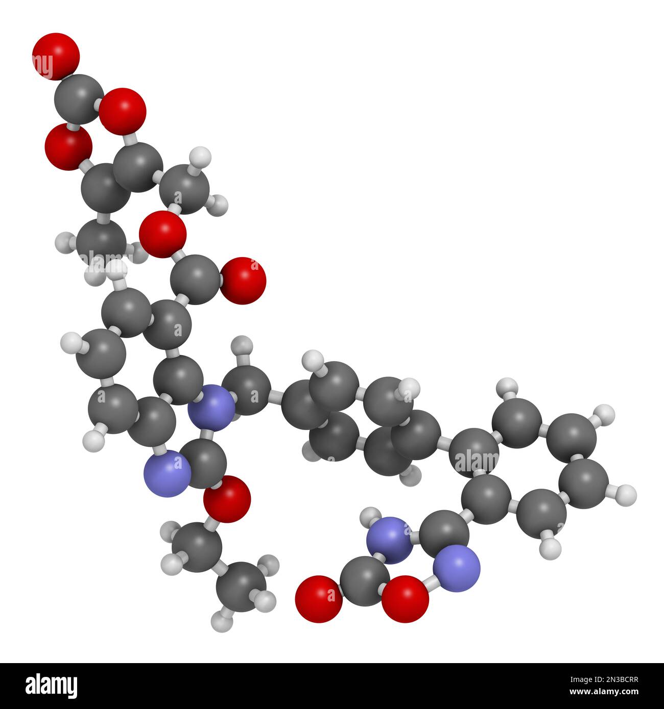 Azilsartan medoxomil hypertension drug molecule. 3D rendering. Atoms ...