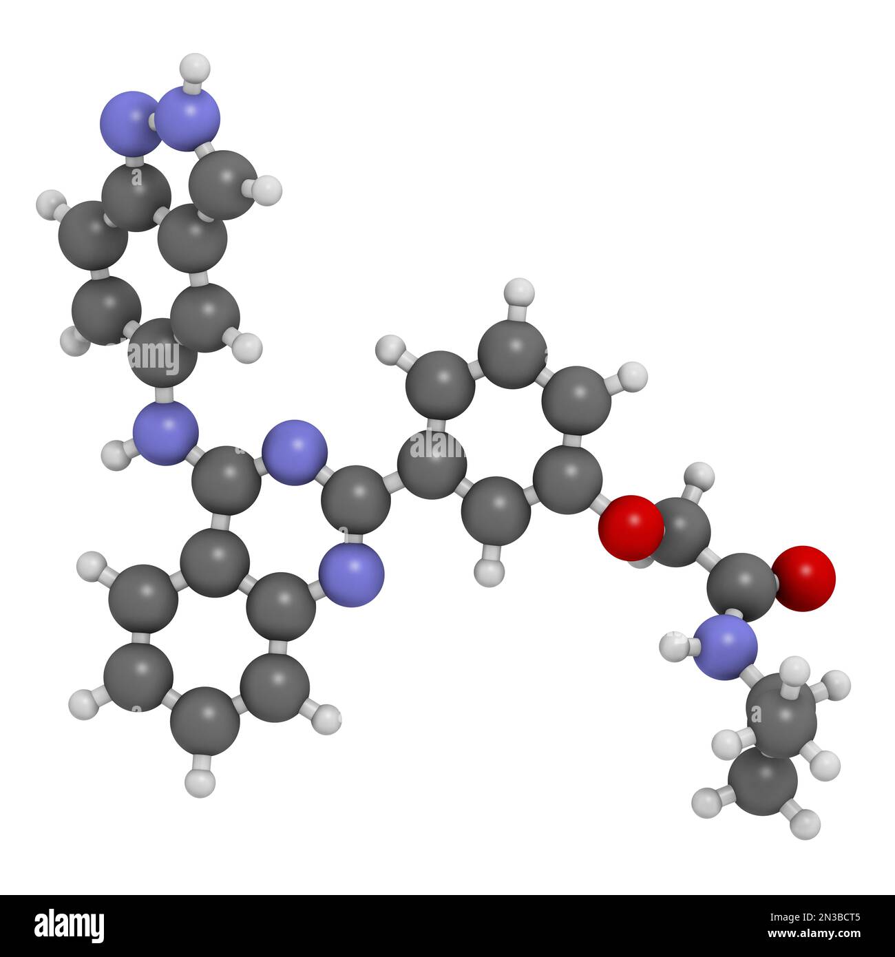 Belumosudil drug molecule. 3D rendering. Atoms are represented as ...