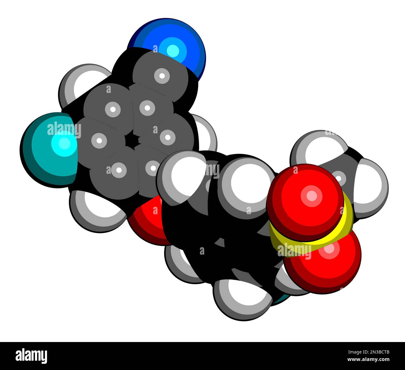 Belzutifan drug molecule. 3D rendering. Atoms are represented as ...