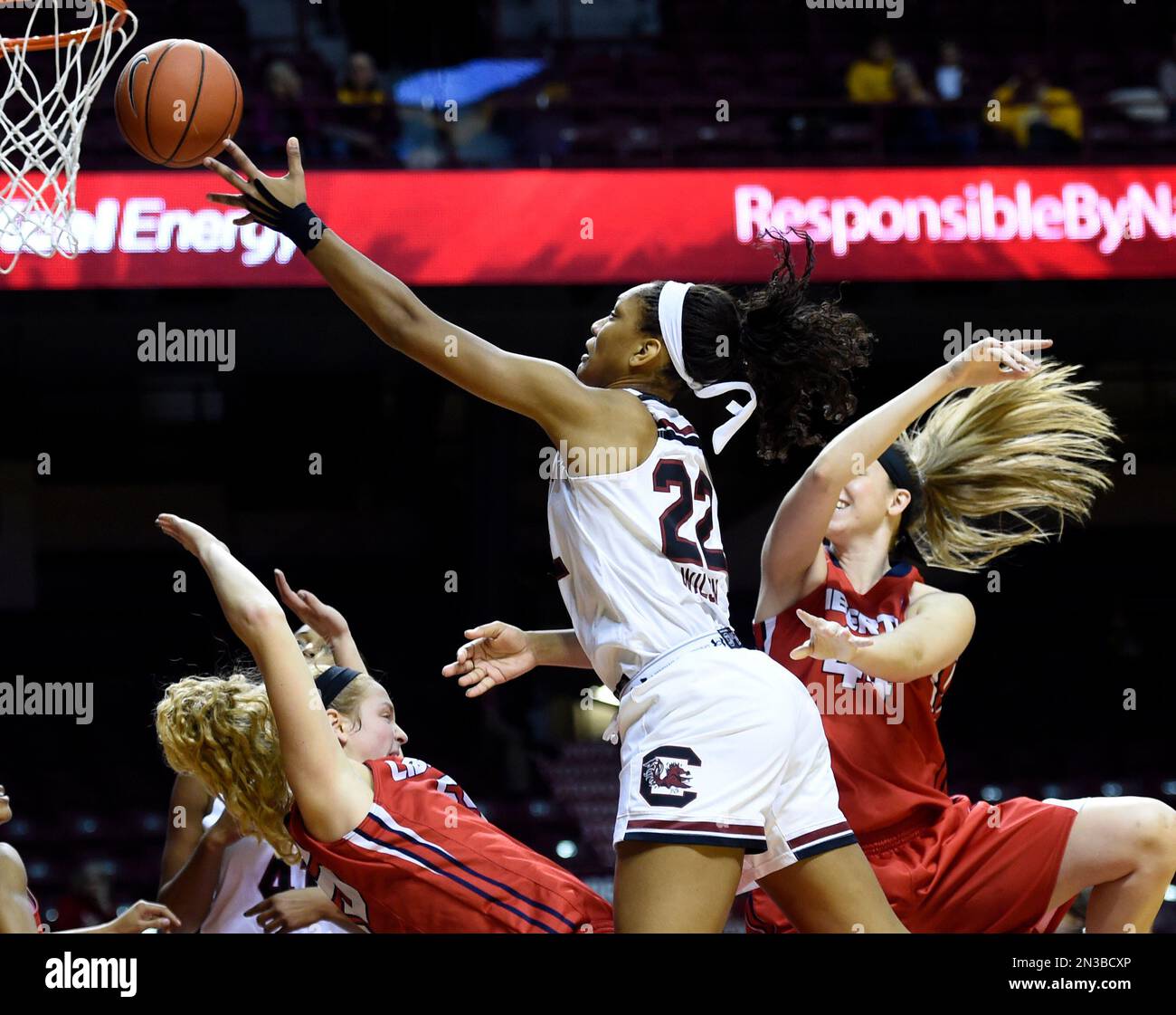 South Carolina forward A'ja Wilson (22) shoots over Liberty center ...
