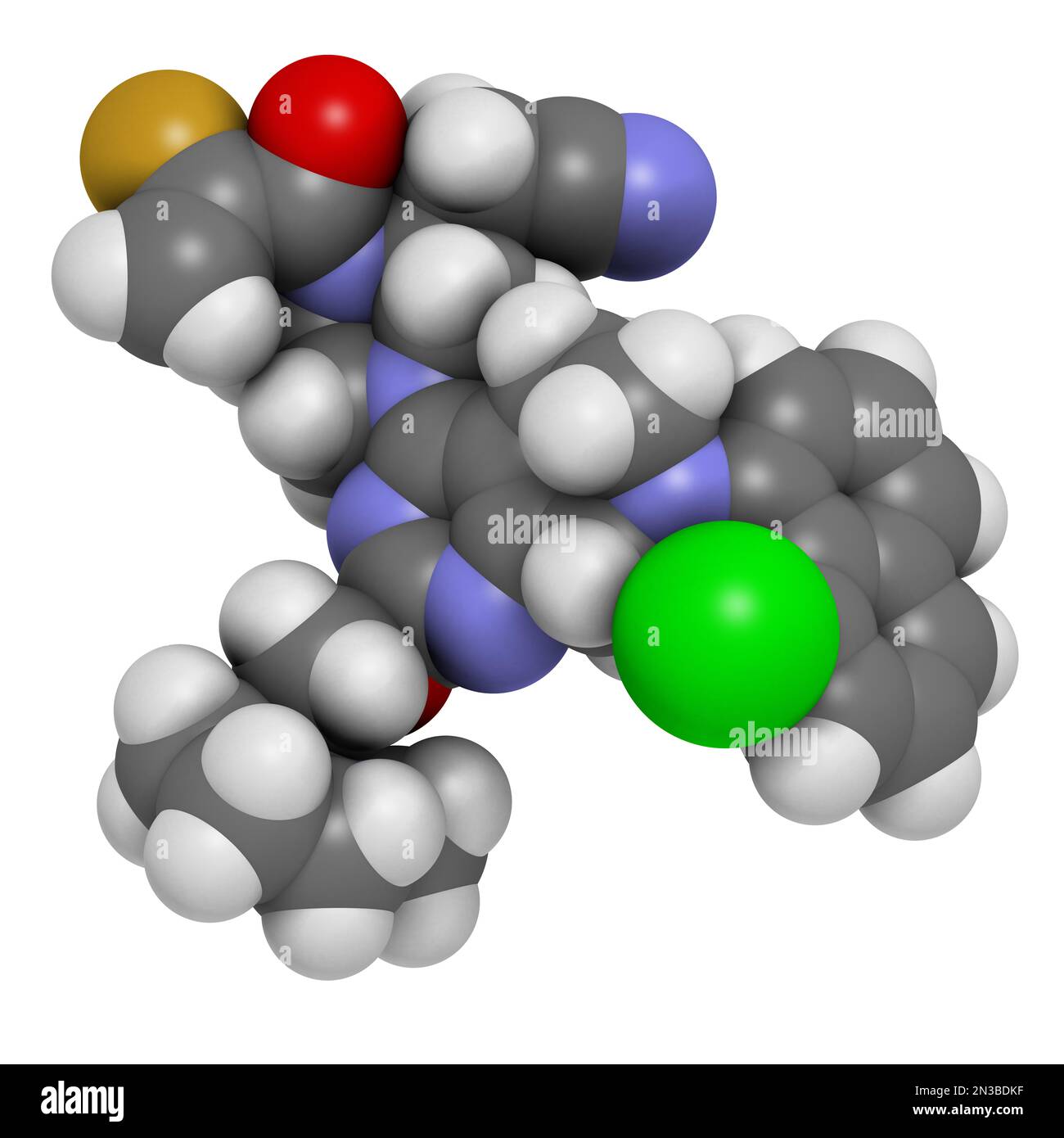 Adagrasib cancer drug molecule. 3D rendering. Atoms are represented as ...
