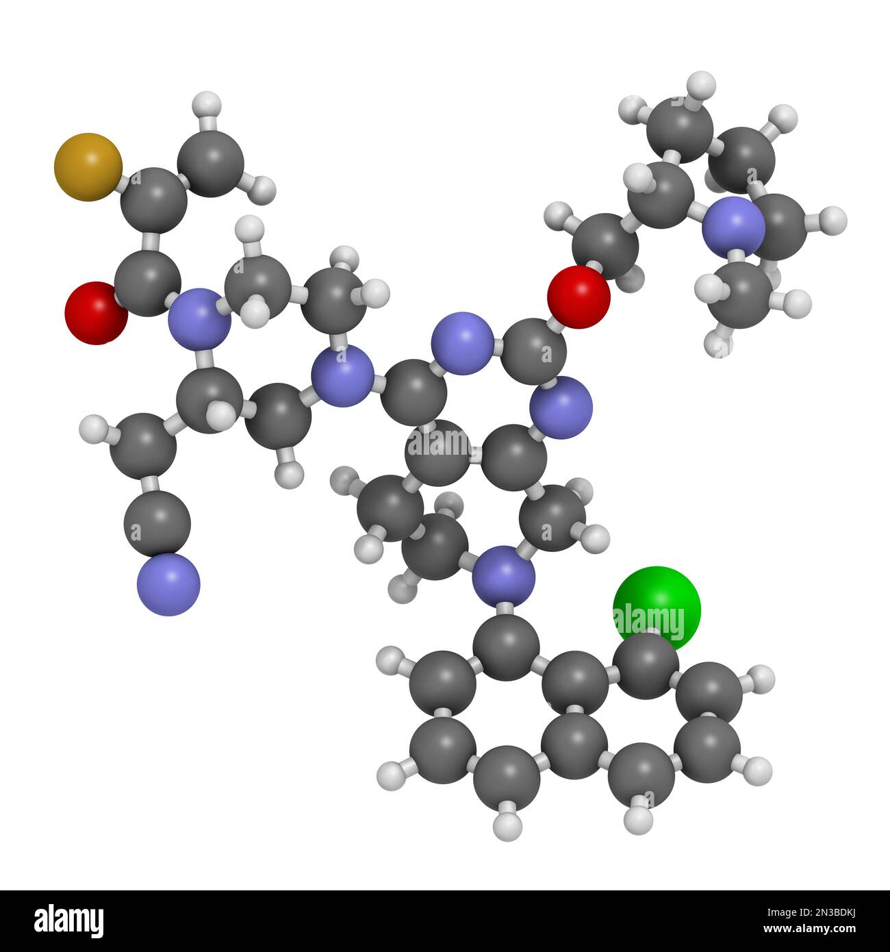 Adagrasib cancer drug molecule. 3D rendering. Atoms are represented as ...