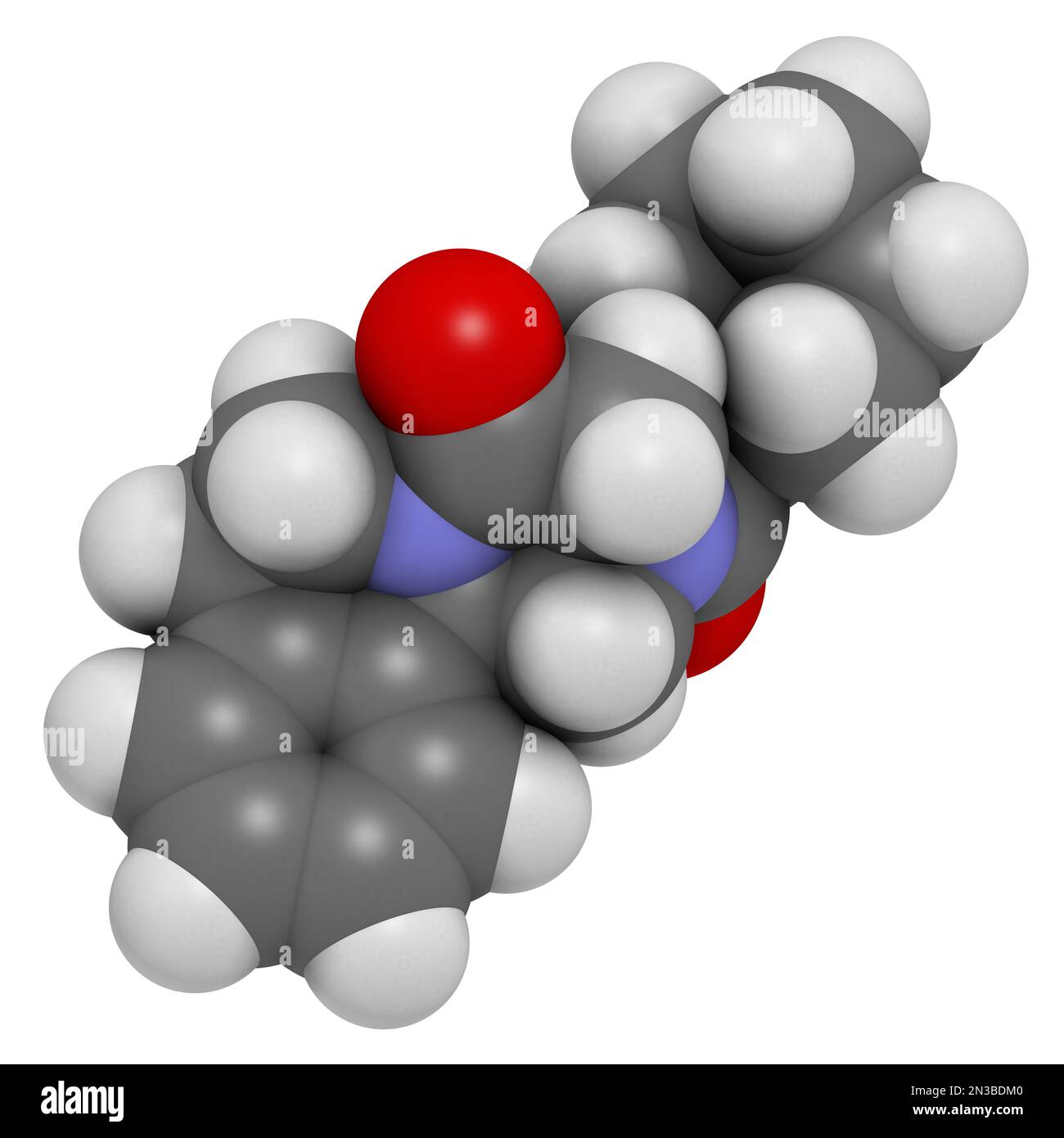 Arpraziquantel drug molecule. 3D rendering. Atoms are represented as spheres with conventional ...