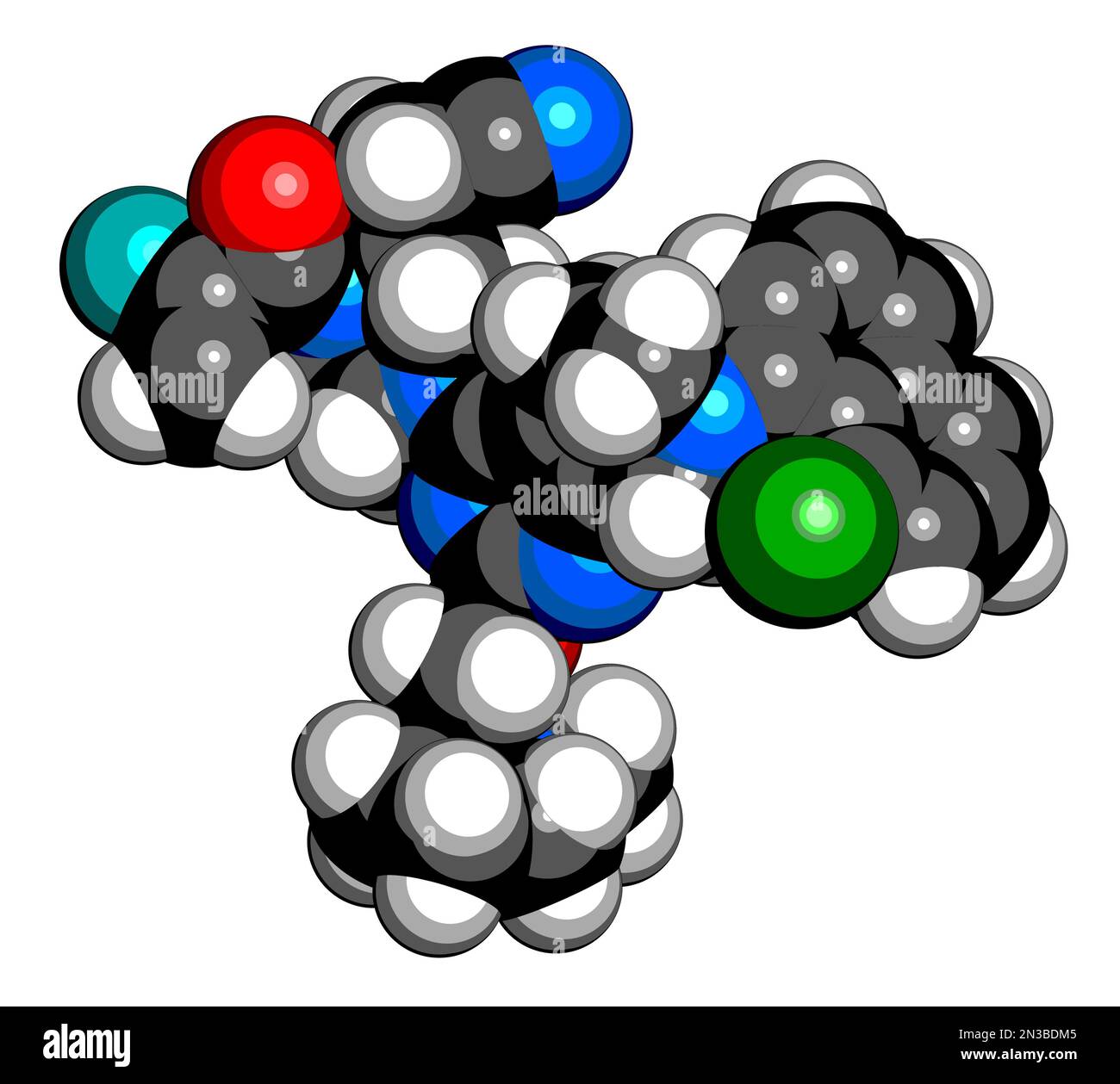 Adagrasib cancer drug molecule. 3D rendering. Atoms are represented as ...
