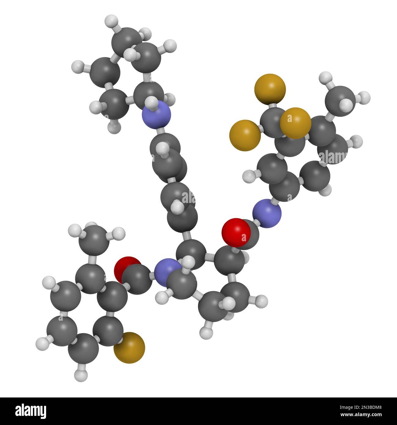 Avacopan drug molecule. 3D rendering. Atoms are represented as spheres ...