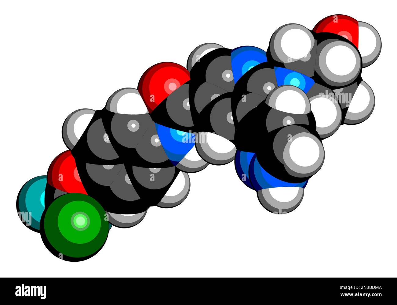 Asciminib cancer drug molecule. 3D rendering. Atoms are represented as ...