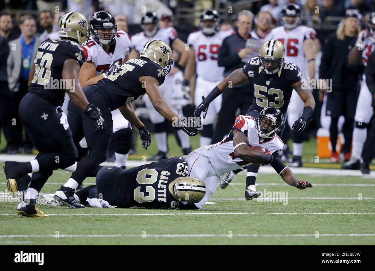 Atlanta Falcons wide receiver Devin Hester (17) is tackled by New ...