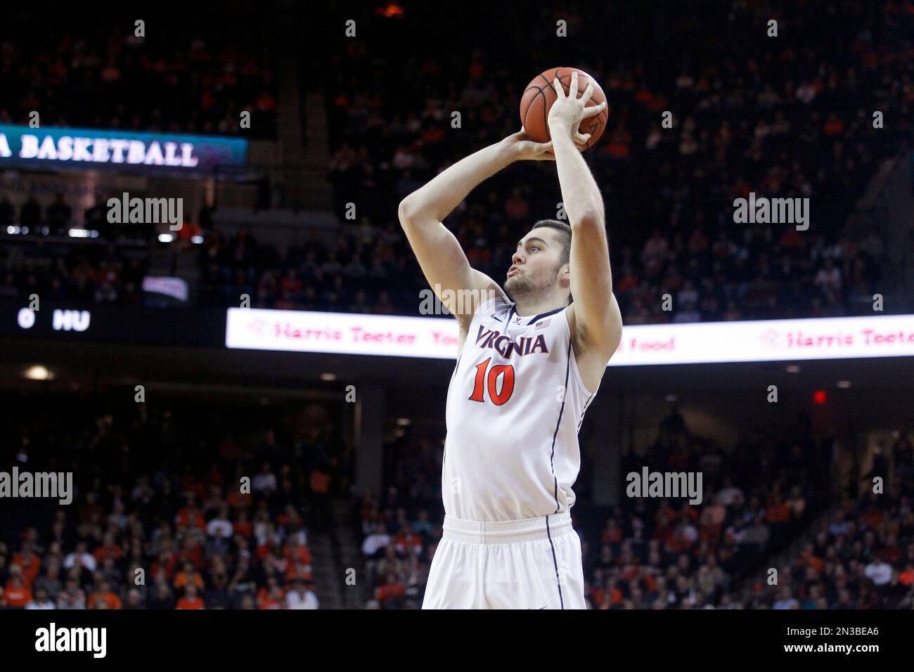 Virginia forward Mike Tobey (10) takes a shot during the first half of ...