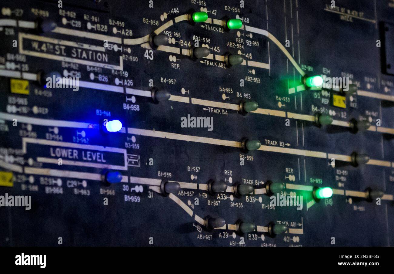 In this Dec. 16, 2014 photo, lights on a section of the MTA subway ...