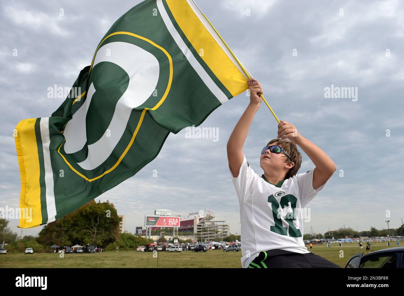 Green Bay Packers fan Eli Jacobson, 11, while tailgating in the parking ...