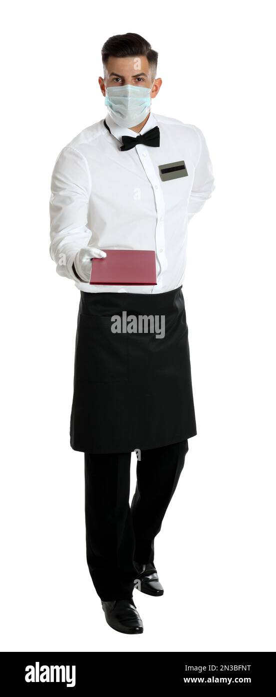 Waiter in medical face mask with menu on white background Stock Photo ...