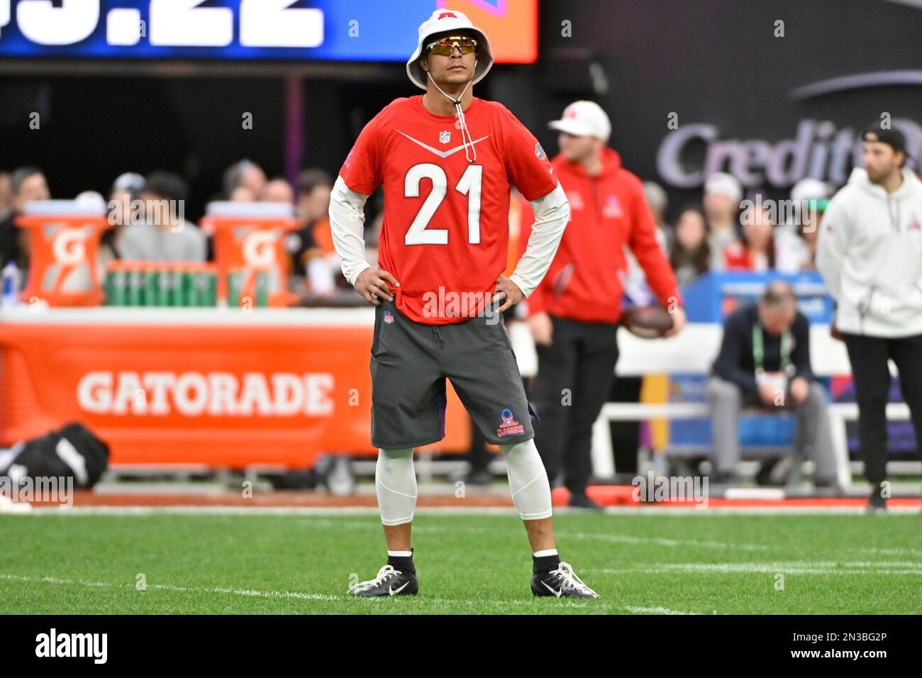 AFC strong safety Jordan Poyer (21) of the Buffalo Bills warms up ...