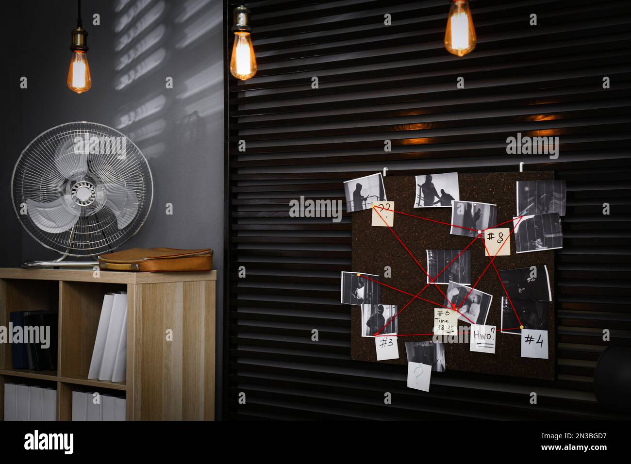 Detective office interior with evidence board on wall Stock Photo - Alamy