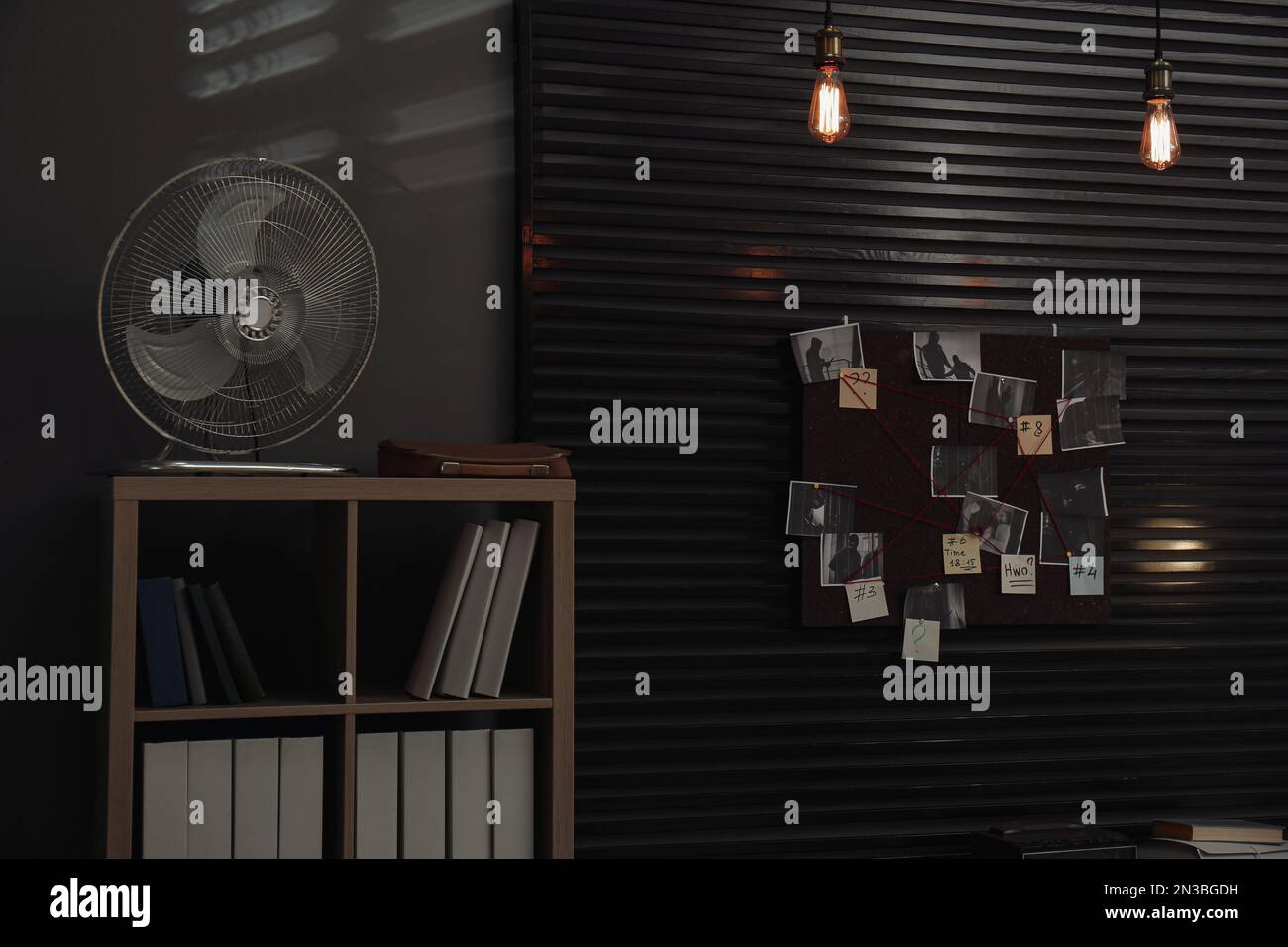 Detective office interior with evidence board on wall Stock Photo - Alamy