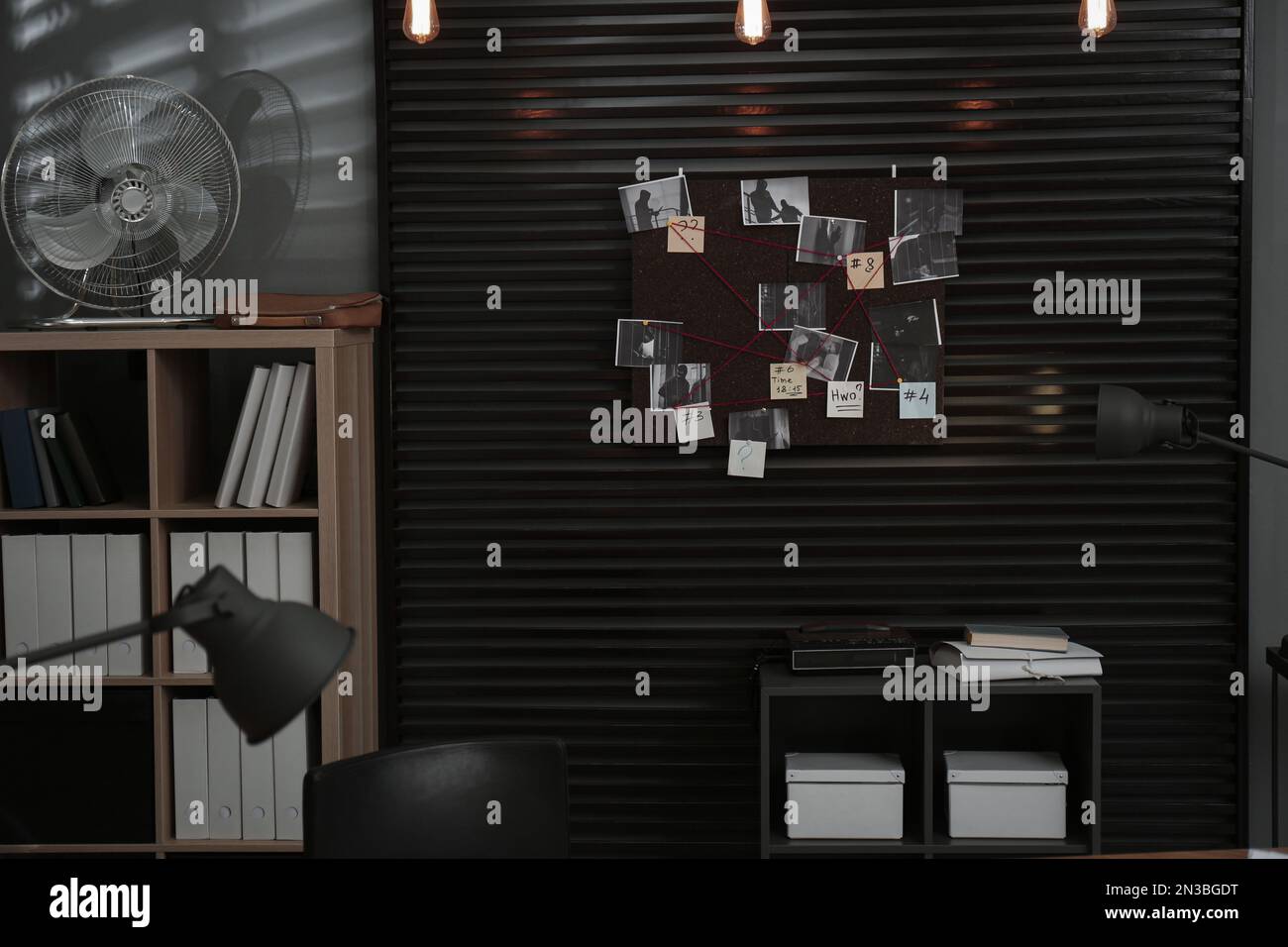 Detective office interior with evidence board on wall Stock Photo - Alamy