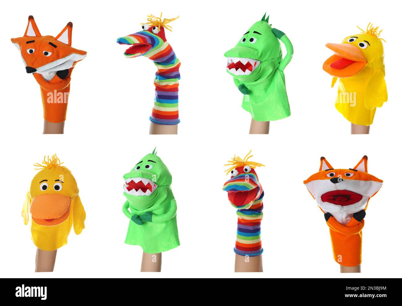 Collage with photos of different puppets for show on hands against ...