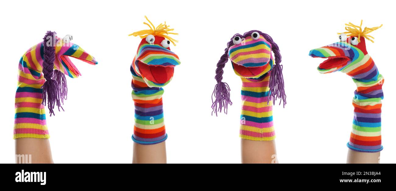 Collage with photos of different puppets for show on hands against ...