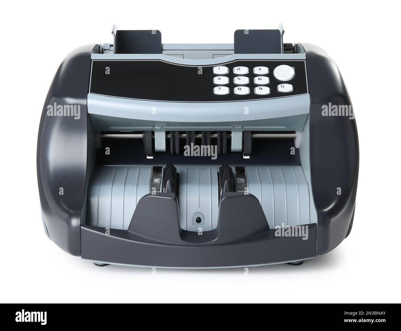 Modern electronic bill counter with money isolated on white Stock Photo ...