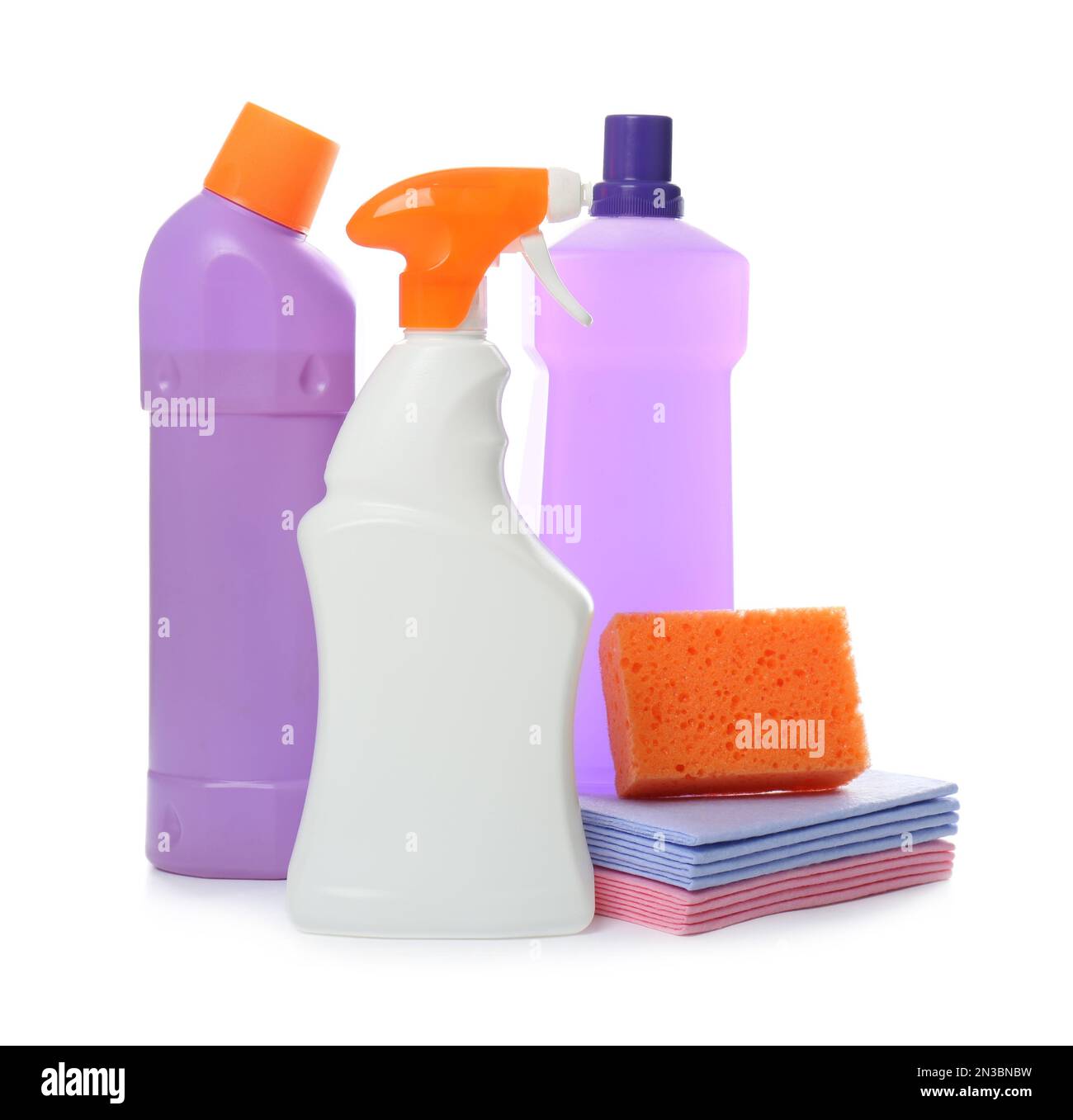 Different cleaning products and tools on white background Stock Photo ...