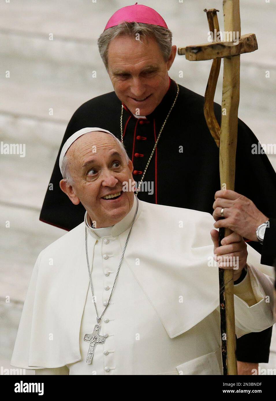 Pope Francis holds a wooden pastoral staff during a meeting with ...