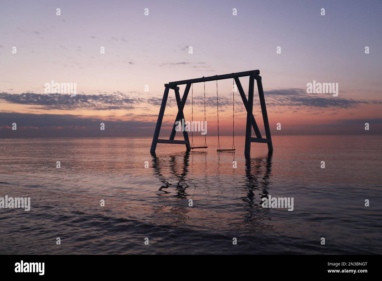 Picturesque view of swing in water on sunrise Stock Photo - Alamy