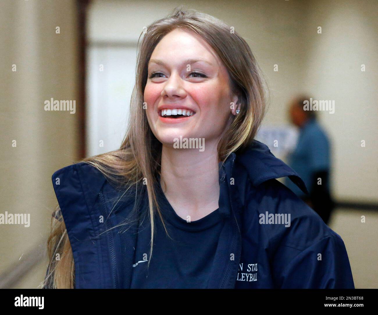 Penn State's Micha Hancock laughs as she talks with reporters outside ...