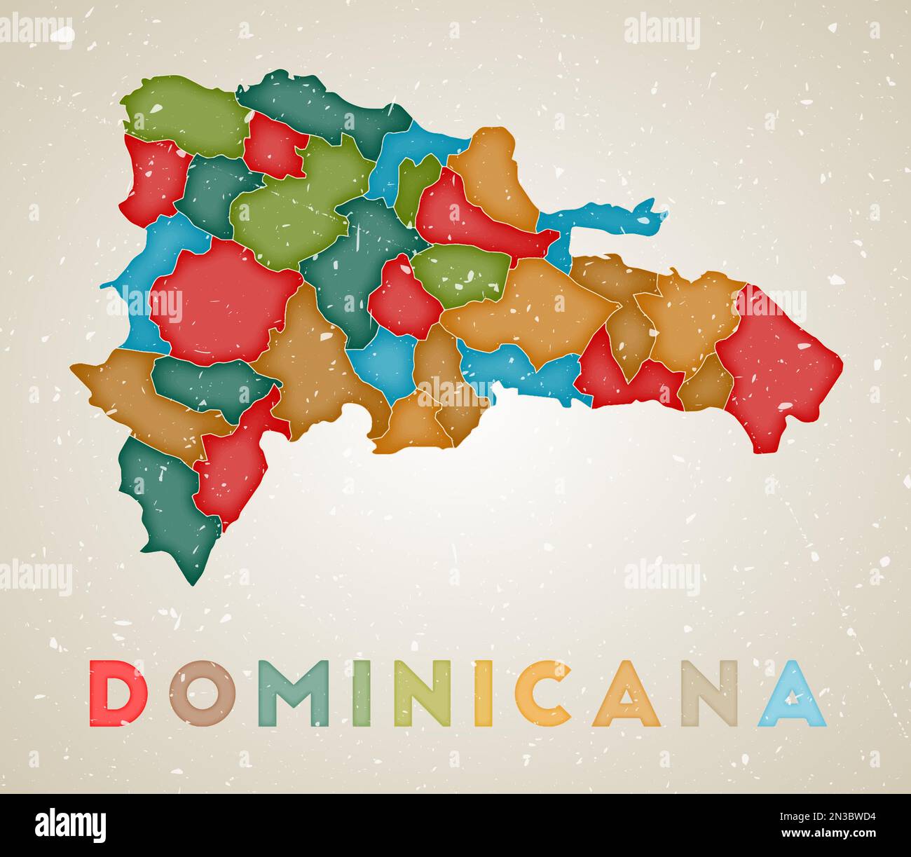 Dominican Republic map. Country poster with colored regions. Old grunge ...