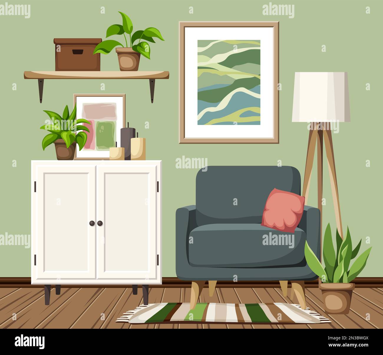 Living room interior with green walls, a white cabinet, an armchair, a ...