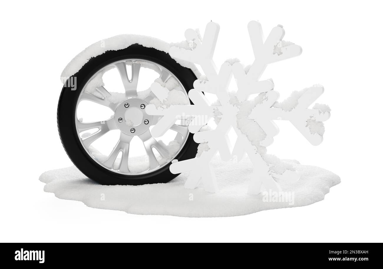Single tire covered with snow on snow patch with abstract snowflake ...