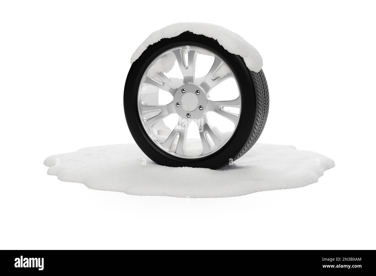 Single tire covered with snow on snow patch over white background ...