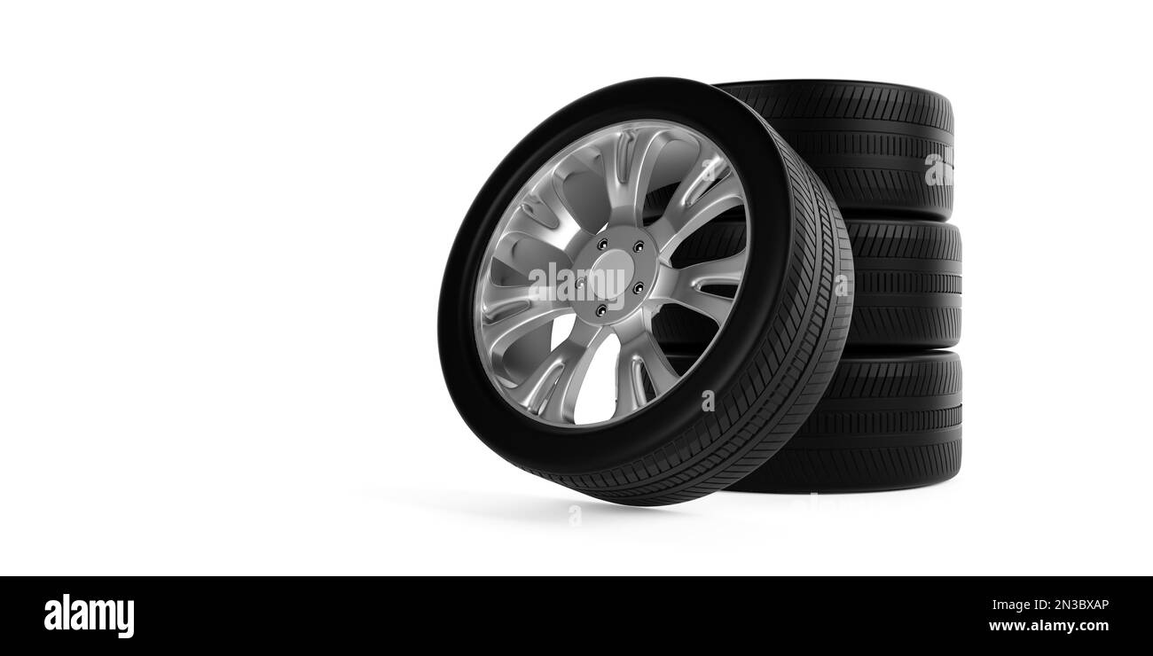 Stack of car tires with single tire leaning against them on white ...