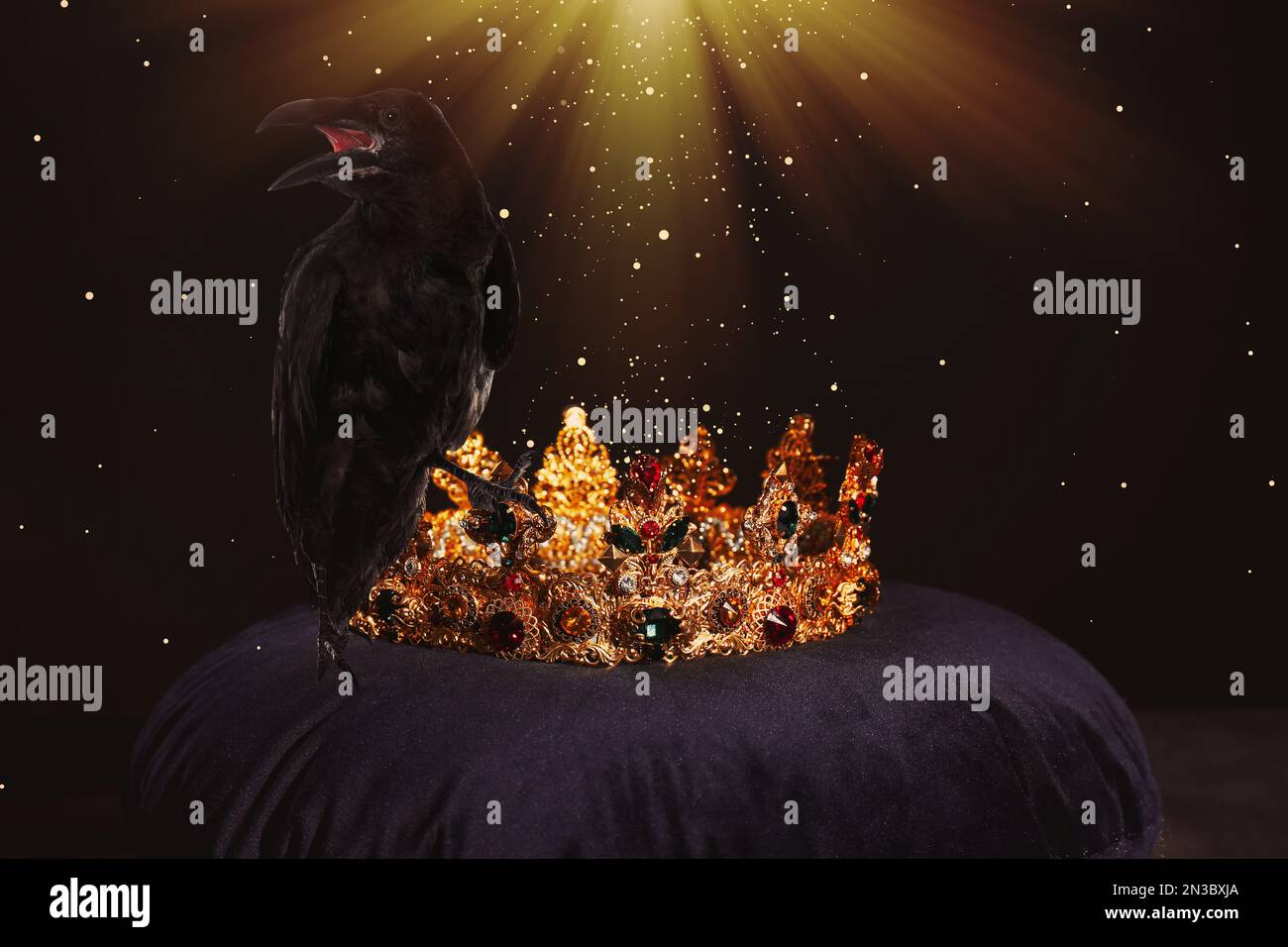 Fantasy world. Black crow lit by magic light sitting on golden crown ...