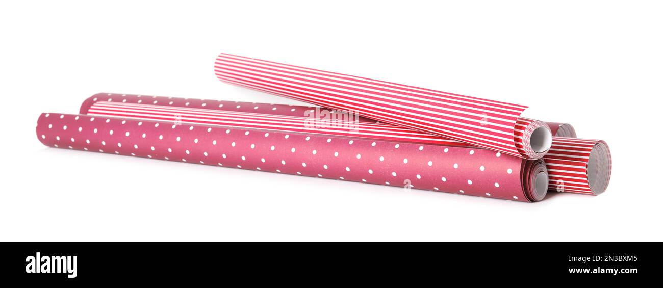 Different colorful wrapping paper rolls on white background Stock Photo ...