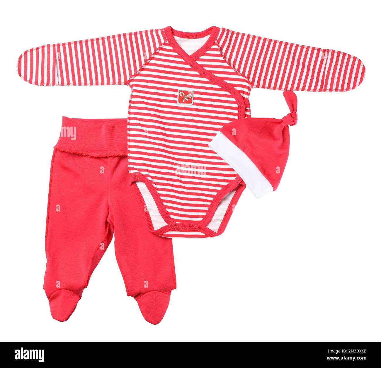 Bright baby clothes on white background, top view. Christmas ...