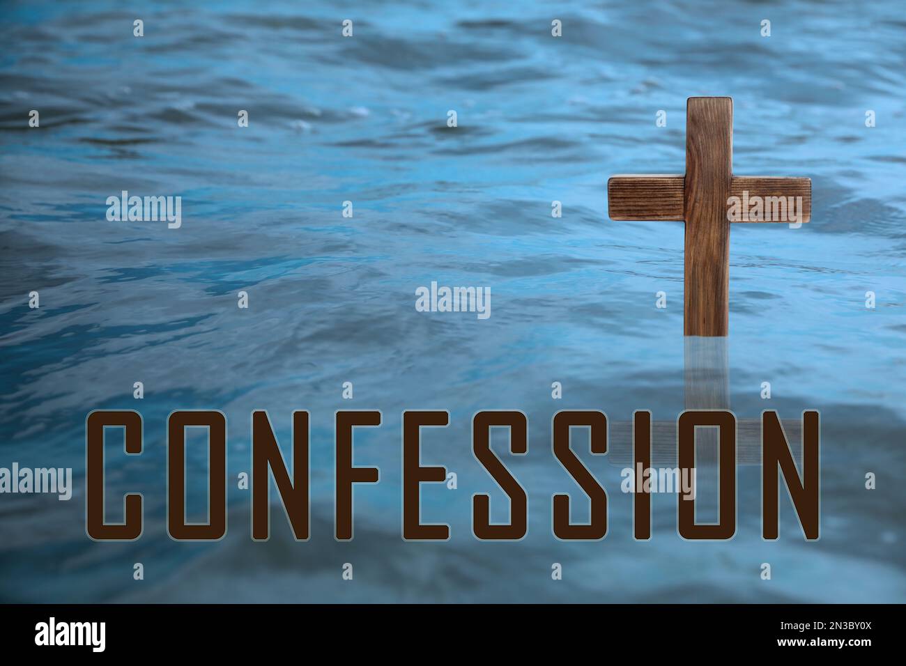 Word Confession near wooden Christian cross in water Stock Photo - Alamy