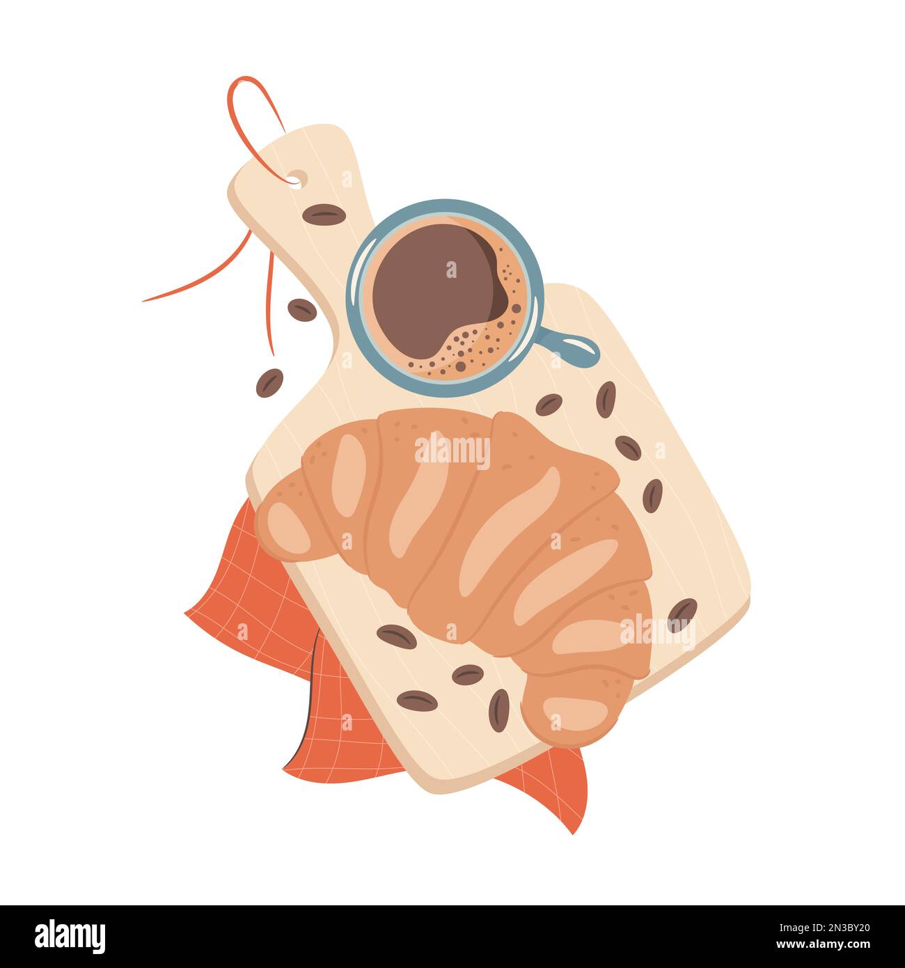 Hot coffee and croissant on the wooden tray. Vector illustration Stock Vector Image & Art - Alamy