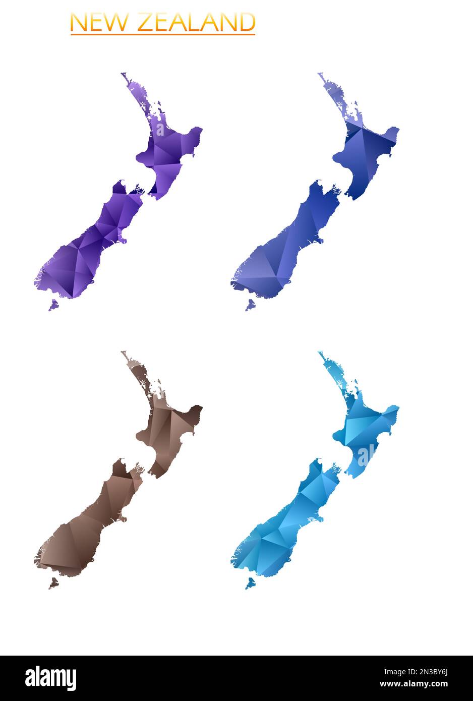 Set of vector polygonal maps of New Zealand. Bright gradient map of ...